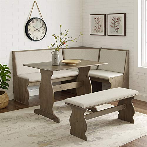 Riverbay Furniture Patio Conversation Indoor 3 Piece Kitchen Breakfast Corner Table Booth Bench Natural Fabric Upholstered Dining Nook Set in Brown