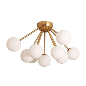 baoden large 9 lights modern globe semi flush mount ceiling light mid century sputnik chandeliers with white globe glass lampshade brushed brass elegant light fixture for living room lighting(gold)