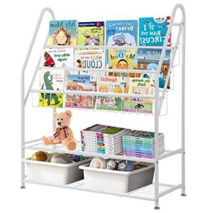 Kids Book Rack, 3 Sling Bookshelf with 2 Tie Toys Organizer Shelves Floor Standing Newspapers Magazine Rack Holder Display Storage Organizer Shelves for Home Office Books Magazine Files - White