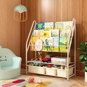 Kids Book Rack, 3 Sling Bookshelf with 2 Tie Toys Organizer Shelves Floor Standing Newspapers Magazine Rack Holder Display Storage Organizer Shelves for Home Office Books Magazine Files - White