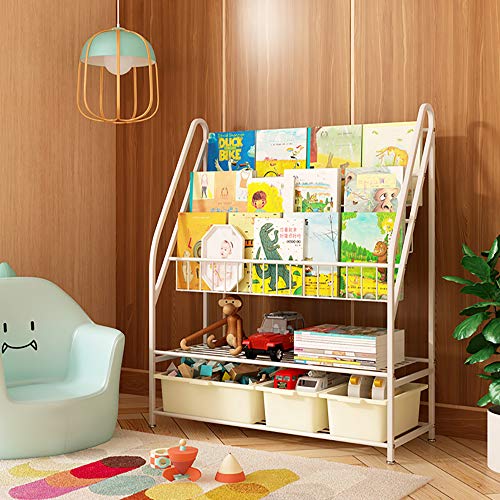 Kids Book Rack, 3 Sling Bookshelf with 2 Tie Toys Organizer Shelves Floor Standing Newspapers Magazine Rack Holder Display Storage Organizer Shelves for Home Office Books Magazine Files - White