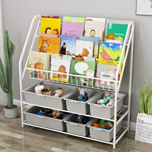 Kids Book Rack, 3 Sling Bookshelf with 2 Tie Toys Organizer Shelves Floor Standing Newspapers Magazine Rack Holder Display Storage Organizer Shelves for Home Office Books Magazine Files - White