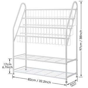 Kids Book Rack, 3 Sling Bookshelf with 2 Tie Toys Organizer Shelves Floor Standing Newspapers Magazine Rack Holder Display Storage Organizer Shelves for Home Office Books Magazine Files - White