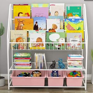 Kids Book Rack, 3 Sling Bookshelf with 2 Tie Toys Organizer Shelves Floor Standing Newspapers Magazine Rack Holder Display Storage Organizer Shelves for Home Office Books Magazine Files - White