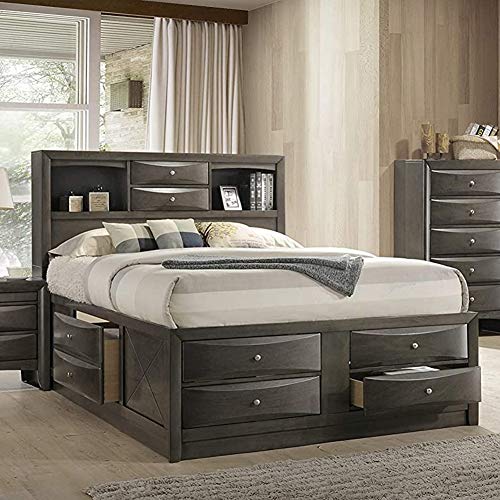 HABITRIO Queen Bed with Storage, Solid Wood Queen Size Bed Frame with Headboard (2 Bookcase, 2 Drawers), Footboard (4 Drawers), Rail with 2 Drawers, Wooden Slat, No Box Spring Needed, Gray Oak