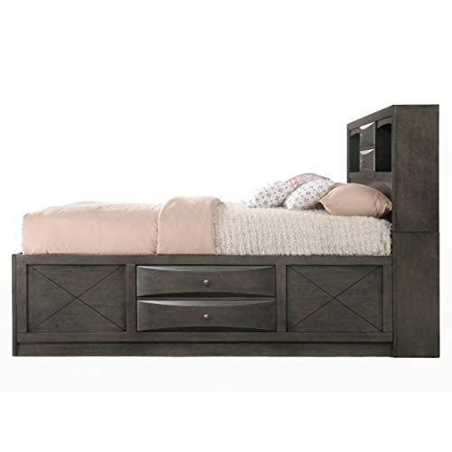 HABITRIO Queen Bed with Storage, Solid Wood Queen Size Bed Frame with Headboard (2 Bookcase, 2 Drawers), Footboard (4 Drawers), Rail with 2 Drawers, Wooden Slat, No Box Spring Needed, Gray Oak