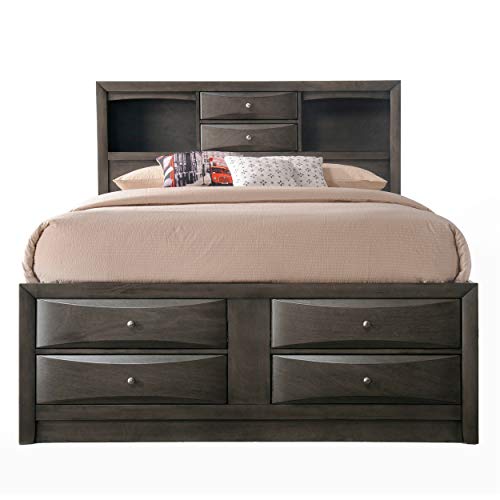 HABITRIO Queen Bed with Storage, Solid Wood Queen Size Bed Frame with Headboard (2 Bookcase, 2 Drawers), Footboard (4 Drawers), Rail with 2 Drawers, Wooden Slat, No Box Spring Needed, Gray Oak