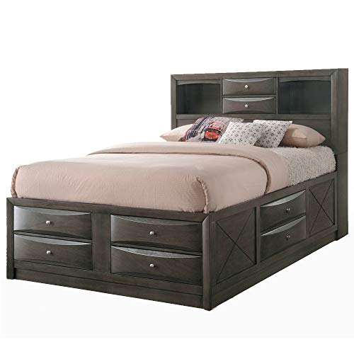 HABITRIO Queen Bed with Storage, Solid Wood Queen Size Bed Frame with Headboard (2 Bookcase, 2 Drawers), Footboard (4 Drawers), Rail with 2 Drawers, Wooden Slat, No Box Spring Needed, Gray Oak