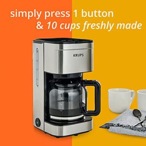 Krups Simply Brew Stainless Steel Drip Coffee Maker 10 Cup 900 Watts Coffee Filter, Drip Free, Dishwasher Safe Pot Silver and Black