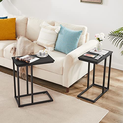 VECELO C Shaped End Side Table for Sofa Couch and Bed Snack TV Tray for Living Room Bedroom, Set of 2, Black