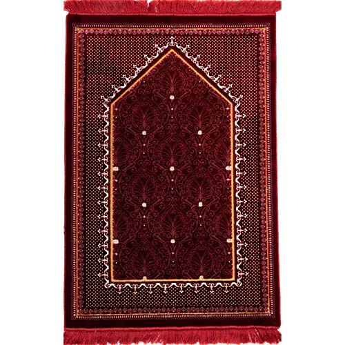 Modefa Velvet Prayer Rug | with Car Hanger | Janamaz Sajjadah Musalla | Thick Plush Wide - Topkapi (Red)