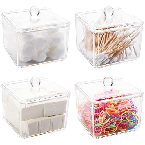 Hedume 4 Pack Qtip Dispenser Holder, 15 Oz Clear Acrylic Canister Set, Modern Square Bathroom Vanity Countertop Storage Organizer for Cotton Ball, Cotton Swab, Q-Tips, Cotton Rounds, Bath Salts