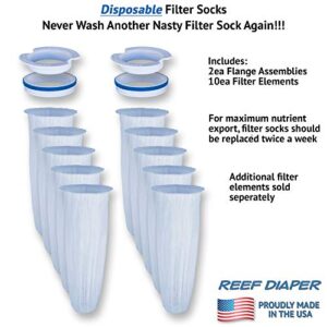 Reef Diaper Disposable Filter Socks, Replaces Standard 4" Felt Socks, Freshwater and Saltwater Compatible, Starter Kit Includes 2ea Flange Assemblies & 10ea Filter Elements