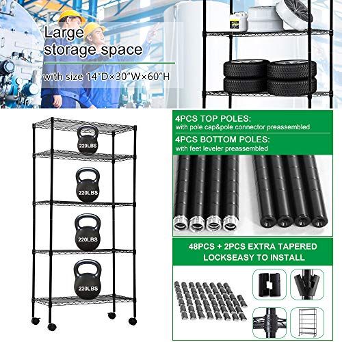 5 Tier Wire Shelving Unit Storage Metal Shelf Standing Shelf Units NSF Heavy Duty Height Adjustable Garage Shelving 14" W x 30" L x 60" H with Wheels Large Commercial Shelving Black