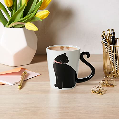 VOTUM White Ceramic Coffee or Tea Mugs: Animal Shaped Coffee Mugs with Hand Printed Designs and Printed Saying - 12 Fluid Ounce Large, Cute Handmade Cup (Cat 2)