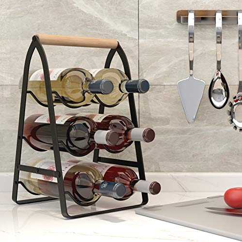 Mecor Countertop Wine Rack, Tabletop Wood Wine Holder for 6 Bottle, 3-Tier Classic Design, Perfect for Home Decor, Bar, Wine Cellar, Basement, Cabinet, Pantry-Set of 1, Wood & Metal, Wood & Iron