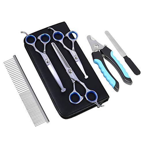 TOPGOOSE Dog Grooming Scissors Set, Safety Round Tip Grooming Tools 6 Pieces Kit for Pet Dogs Cats Full Body - Professional Curved, Thinning, Straight Scissors, Comb, Nail Clipper and Nail File