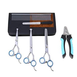 TOPGOOSE Dog Grooming Scissors Set, Safety Round Tip Grooming Tools 6 Pieces Kit for Pet Dogs Cats Full Body - Professional Curved, Thinning, Straight Scissors, Comb, Nail Clipper and Nail File