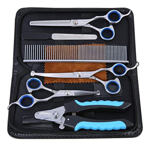 TOPGOOSE Dog Grooming Scissors Set, Safety Round Tip Grooming Tools 6 Pieces Kit for Pet Dogs Cats Full Body - Professional Curved, Thinning, Straight Scissors, Comb, Nail Clipper and Nail File