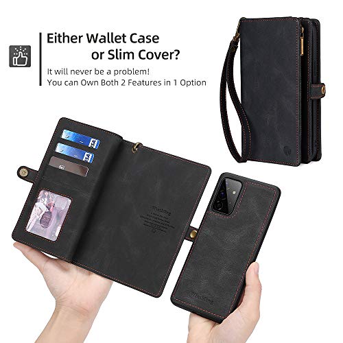 Compatible with Samsung Galaxy A52 5G Wallet Case,2-in-1 PU Leather Detachable Magnetic 4 Card Slots & Wrist Strap Full Protective Purse Cover(A52 5G Black)