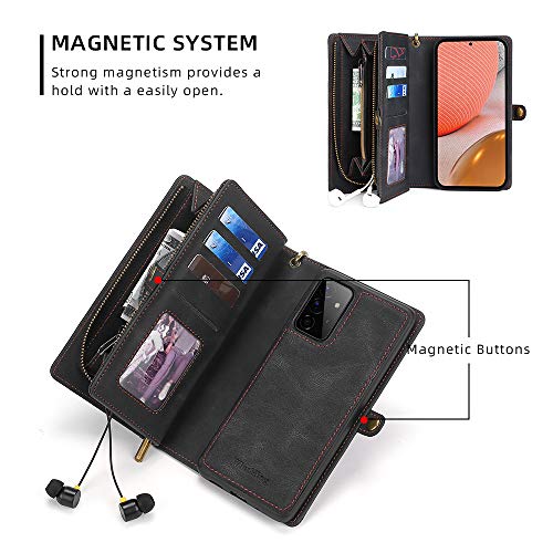 Compatible with Samsung Galaxy A52 5G Wallet Case,2-in-1 PU Leather Detachable Magnetic 4 Card Slots & Wrist Strap Full Protective Purse Cover(A52 5G Black)