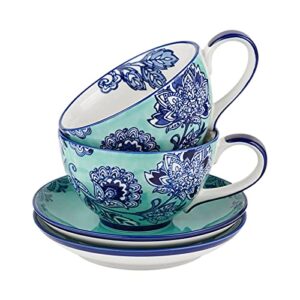 taimei teatime ceramic coffee cups and saucers,10.8oz tea mugs with plates of 2, green handpainted floral large tea mugs for tea, cappuccino, latte or americano