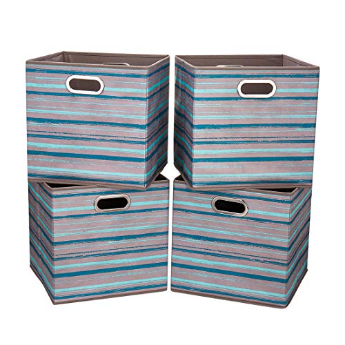 i BKGOO Cloth Storage Bins Set of 4 Thick Fabric Drawers Foldable Cubes Basket Organizer Container with Dual Metal Handles for Shelf Cabinet Bookcase Boxes Gray-Blue stripes 13x13x13 inch