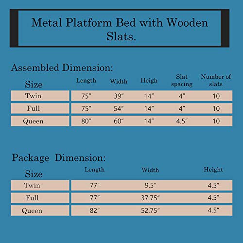 Spinal Sleep, 14 Inch Metal Platform Bed Frames with Wood Slat Support/No Box Spring Needed, Queen, Black