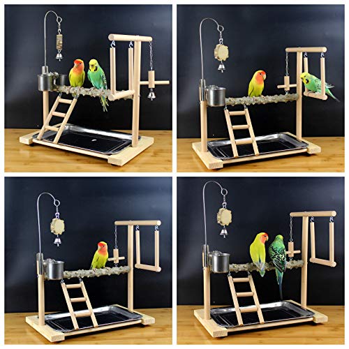 Bird Playground Birdcage Playstand Parrot Play Gym Parakeet Cage Decor Budgie Perch Stand with Feeder Seed Cups Ladder Hanging Swing Chew Toys Conure Macaw Cockatiel Finch (Prickly ash Wood)