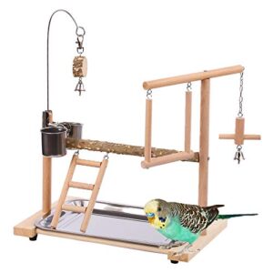 Bird Playground Birdcage Playstand Parrot Play Gym Parakeet Cage Decor Budgie Perch Stand with Feeder Seed Cups Ladder Hanging Swing Chew Toys Conure Macaw Cockatiel Finch (Prickly ash Wood)