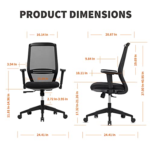 KLG TECH Ergonomic Office Chair, High Back Office Chair with Lumbar Support, Black Mesh Back Big and Tall Office Chair, Height Adjustable Swivel Office Desk Chairs for Home and Office