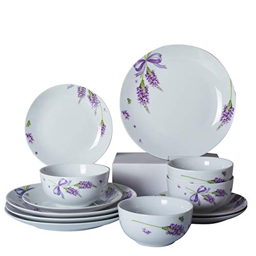 Xiteliy Ceramic Dinner Plate Sets, Plates, Bowls, 12 Pieces,Lavender Dinnerware Set Service For 4 (Purple, TL-XYC-D)