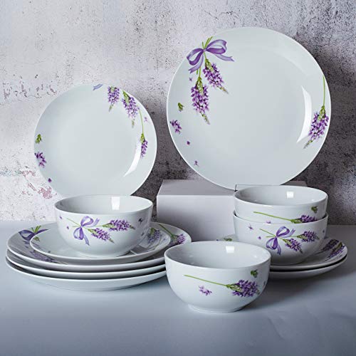 Xiteliy Ceramic Dinner Plate Sets, Plates, Bowls, 12 Pieces,Lavender Dinnerware Set Service For 4 (Purple, TL-XYC-D)