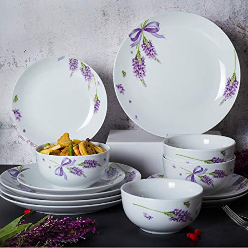 Xiteliy Ceramic Dinner Plate Sets, Plates, Bowls, 12 Pieces,Lavender Dinnerware Set Service For 4 (Purple, TL-XYC-D)