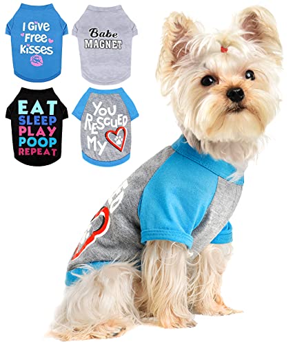 4 Pieces Dog Shirt, Dog Clothes for Small Dogs Boy, Summer Funny Printed Cool Dog Clothes Male Cute Pet Puppy Clothing Outfits Tshirts, Cat Apparel, S,Blue,Grey,Black