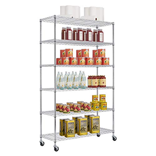 18" D×48" W×72" H Wire Shelving Unit Metal Shelf with 6 Tier Casters Adjustable Layer Rack Strong Steel for Commercial Restaurant Garage Pantry Kitchen Garage，Chrome