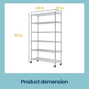 18" D×48" W×72" H Wire Shelving Unit Metal Shelf with 6 Tier Casters Adjustable Layer Rack Strong Steel for Commercial Restaurant Garage Pantry Kitchen Garage，Chrome