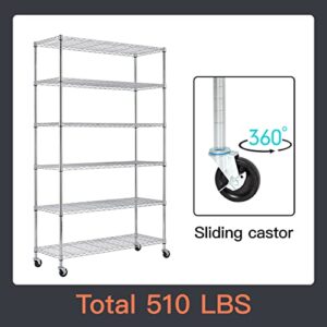 18" D×48" W×72" H Wire Shelving Unit Metal Shelf with 6 Tier Casters Adjustable Layer Rack Strong Steel for Commercial Restaurant Garage Pantry Kitchen Garage，Chrome