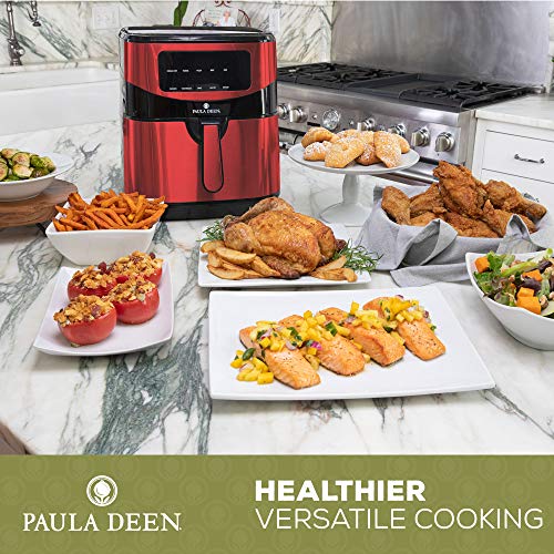 Paula Deen Stainless Steel 10 QT Digital Air Fryer (1700 Watts), LED Display, 10 Preset Cooking Functions, Ceramic Non-Stick Coating, Auto Shut-Off, 50 Recipes (Red Stainless)