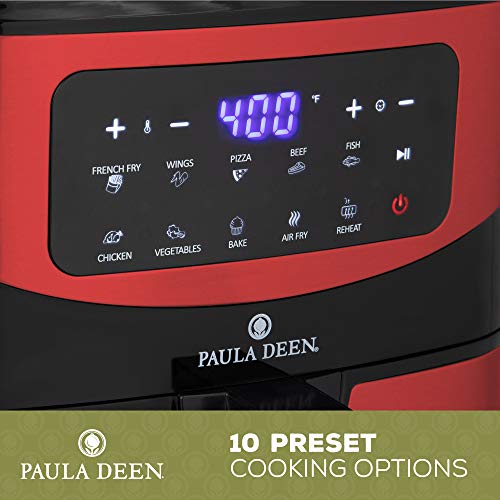 Paula Deen Stainless Steel 10 QT Digital Air Fryer (1700 Watts), LED Display, 10 Preset Cooking Functions, Ceramic Non-Stick Coating, Auto Shut-Off, 50 Recipes (Red Stainless)