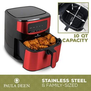 Paula Deen Stainless Steel 10 QT Digital Air Fryer (1700 Watts), LED Display, 10 Preset Cooking Functions, Ceramic Non-Stick Coating, Auto Shut-Off, 50 Recipes (Red Stainless)