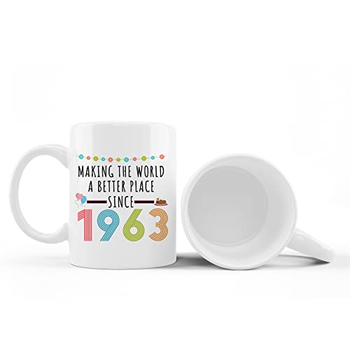 60th Birthday Gifts for Women, Funny 60 Year Old Gift Coffee Mug, 1963 60th Birthday Mugs for Her, Mom, Aunt, Wife, Sister, Grandma, Friend, 11 oz Tea Cup Making the World a Better Place Since 1963