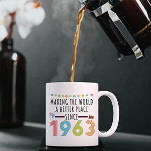 60th Birthday Gifts for Women, Funny 60 Year Old Gift Coffee Mug, 1963 60th Birthday Mugs for Her, Mom, Aunt, Wife, Sister, Grandma, Friend, 11 oz Tea Cup Making the World a Better Place Since 1963