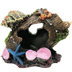 slocme aquarium broken barrel with conch decorations - betta cave hideout fish tank barrel ornament