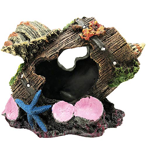 SLOCME Aquarium Broken Barrel with Conch Decorations - Betta Cave Hideout Fish Tank Barrel Ornament