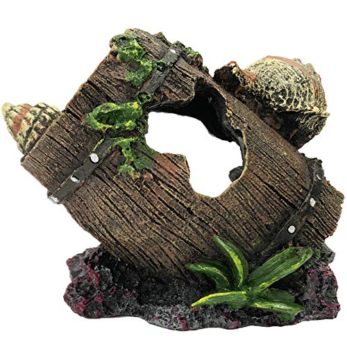 SLOCME Aquarium Broken Barrel with Conch Decorations - Betta Cave Hideout Fish Tank Barrel Ornament