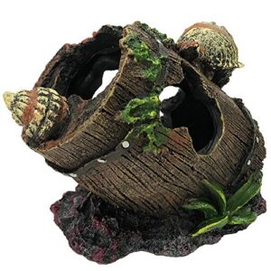 SLOCME Aquarium Broken Barrel with Conch Decorations - Betta Cave Hideout Fish Tank Barrel Ornament