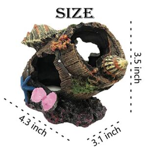 SLOCME Aquarium Broken Barrel with Conch Decorations - Betta Cave Hideout Fish Tank Barrel Ornament