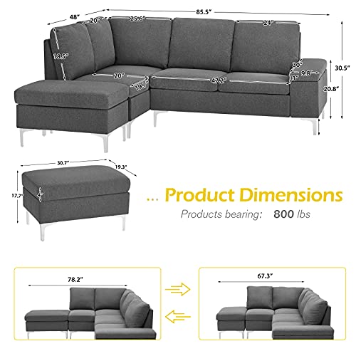 Esright Left Facing Sectional Sofa with Ottoman,Convertible Corner Couches with Armrest Storage, Sectional Couch for Living Room & Apartment, Left Chaise & Grey