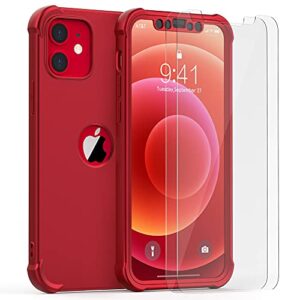 ORETECH Designed for iPhone 12 Case, Compatible with iPhone 12 Pro Case with 2 x Tempered Glass Screen Protector Shockproof Protective Soft TPU Silicone Phone Case for iPhone 12/12 Pro Case-6.1''Red